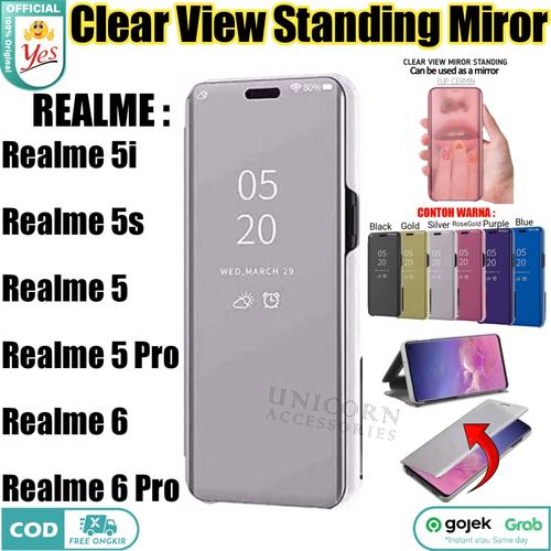Jual Case Clear View Realme 5s 5i 5 6 Pro Casing Flip Cover Miror Standing - Gold / Biru, Realme ...