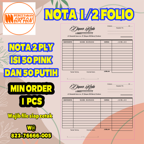 Jual cetak nota 1/2 folio 2 ply satuan murah meriah - Kota Palembang - Percetakan Marfan | Tokopedia