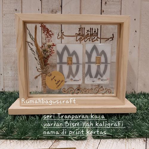 Jual frame mahar transparan kaca untuk 2 logam mulia/kado/kotak logam mulia - Bismillah kalig ...