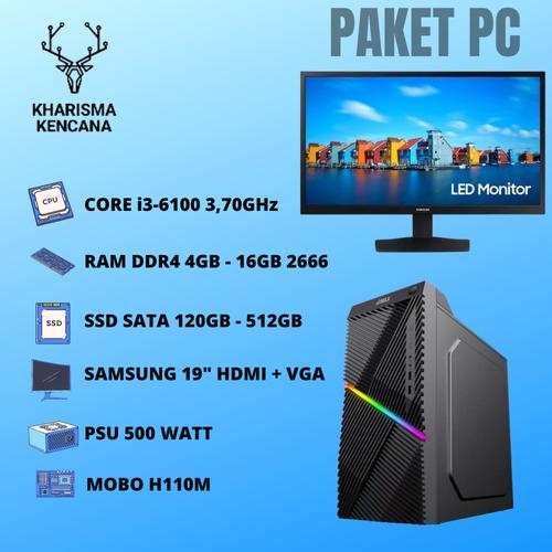 Jual PAKET PC RAKITAN CORE I3-6100 8GB 240SSD SAMSUNG LED 19" HDMI PSU ...