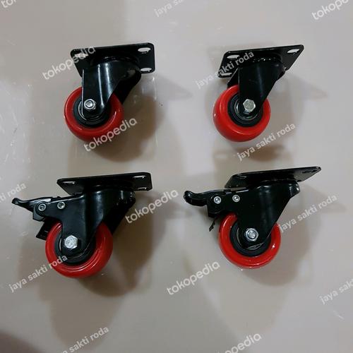 Jual Roda 2 inch pu merah ball bearing 2putar+rem 2hidup (harga 4 roda ...
