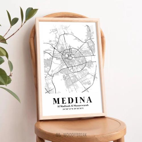 Jual Wall Art Decor Peta Maps Mecca Medina Mekah Madinah Natural Frame ...