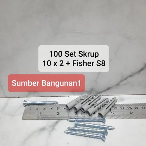 Jual skrup 10 x 2 + viser s8 (100 set) karet tanam tembok 8mm sekrup ...