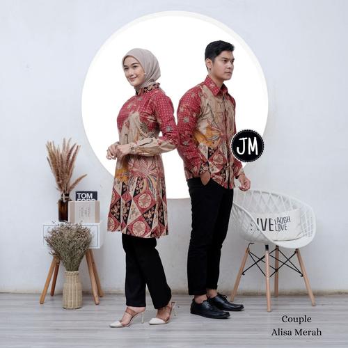 Jual Batik Couple Motif Alisa Merah model tunik Kancing Seragam - Pria ...