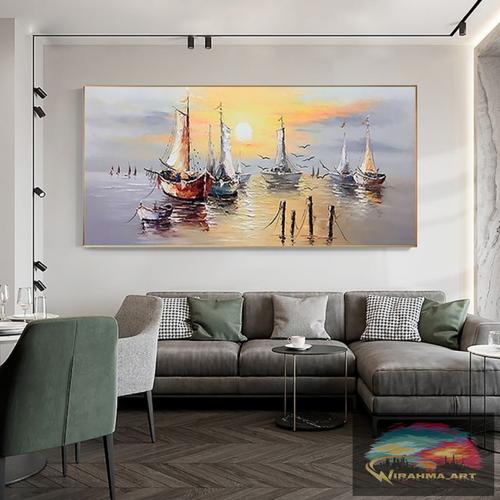 Jual lukisan sunset perahu modern art texture dekorasi dinding rumah ...