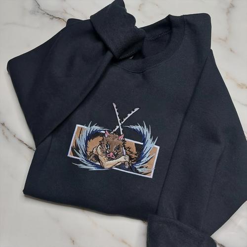 Jual Crewneck Inosuke Fight Embroidery Black Anime Manga Demon Slayer ...