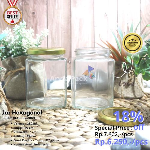 Jual Jar kaca 280ml hexagonal glass jar toples tutup kaleng emas - STD ...
