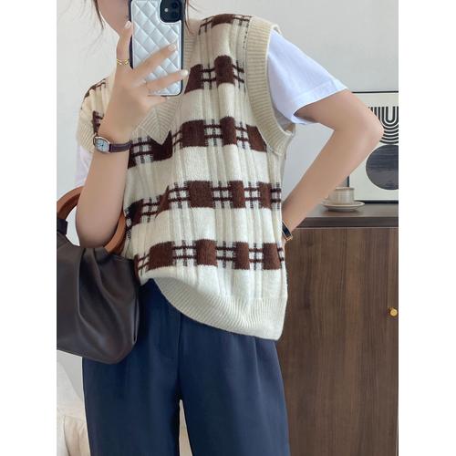Jual Avery Vest Rompi V Neck Motif Kotak Rajut Wanita Korea - Navy ...