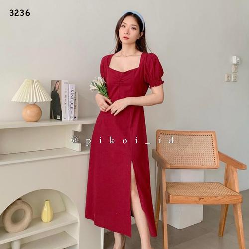 Jual Dress wanita natal katun linen / midi dress imlek merah CNY v neck ...