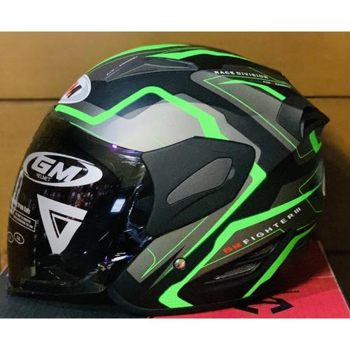 Jual Helm GM Fighter GV2 Black Green Doff Half Face Single Visor - L ...