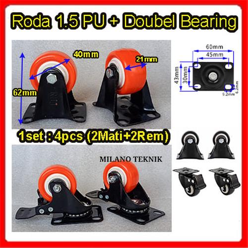 Jual Roda PU 1.5 inch + Double Bearing (1set:2M+Rem) kaster Troli 1.5 ...