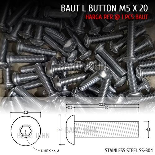 Jual BAUT L BUTTON STAINLESS STEEL M5 X 20 SS304 - BAUT KUNCI L HEX ...