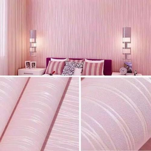 Jual wallpaper stiker dinding ruang tamu kamar polos pink garis timbul ...