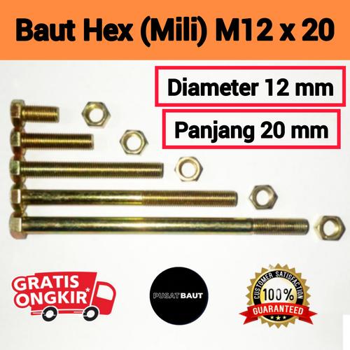 Jual M12 x 20 Baut Mur M12x20 Kuning Hex Besi Galvanis Kunci 17 Drat ...