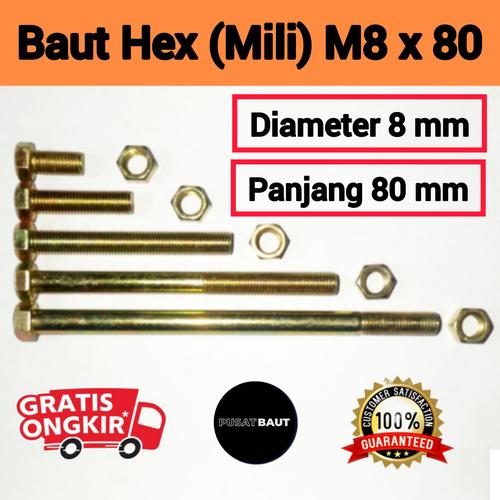 Jual M8 x 80 Baut Mur M8x80 Kuning Hex Besi Galvanis 8x80 Kunci 12 Drat ...