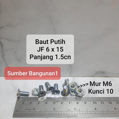Jual Baut Putih JF 6 x 15 Kepala rata 6mm kunci 10 6x15 pendek mur M6 ...