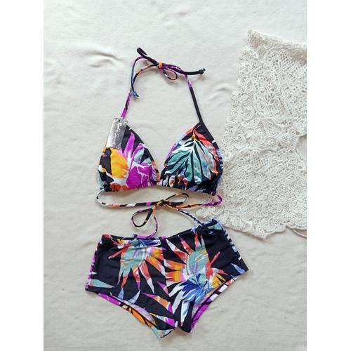 Jual Pakaian Renang Wanita 02 Bikini Pantai Motif Hitam Daun Warna