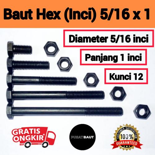 Jual Baut Mur 5/16 x 1 Baut 12 Baut Kunci 12 Baut Inci Hex Besi Drat ...