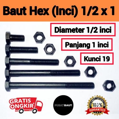 Jual Baut Mur 1/2 x 1 Baut 19 Baut Kunci 19 Baut Inci Hex Besi Drat ...