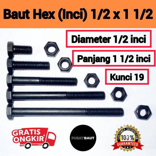 Jual Baut Mur 1/2 x 1 1/2 Baut 19 Baut Kunci 19 Baut Inci Hex Drat ...