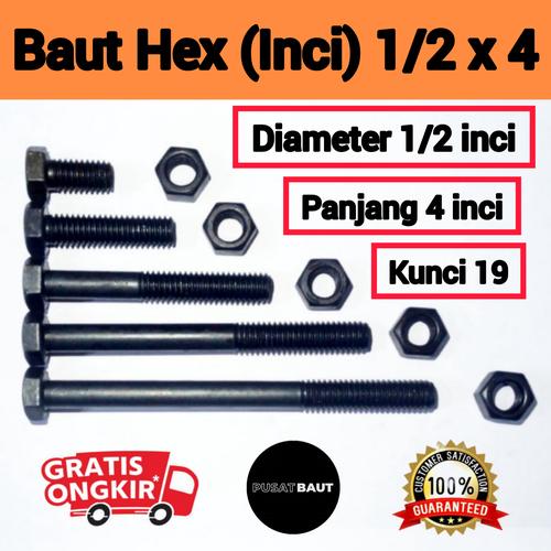 Jual Baut Mur 1/2 x 4 Baut 19 Baut Kunci 19 Baut Inci Hex Besi Drat ...