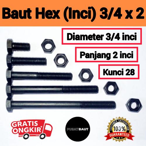 Jual Baut Mur 3/4 x 2 Baut 28 Baut Kunci 28 Baut Inci Hex Besi Drat ...