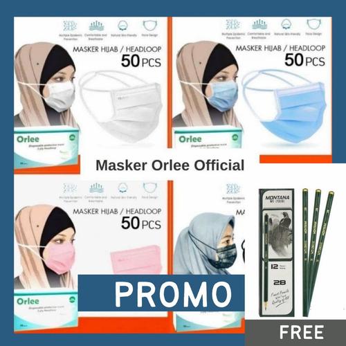 Jual MASKER ORLEE headloop tali hijab 3ply putih, biru, pink, KEMENKES ...