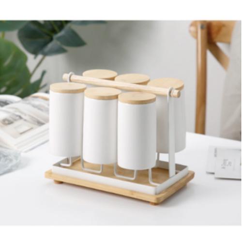 Jual Gelas Keramik Set Dengan Rak dan Tray Kayu 6 Gelas Nordic Estetik ...