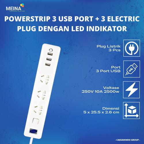 Jual STOP KONTAK POWERSTRIP 3 USB PORT + 3 ELECTRIC PLUG LED INDIKATOR ...