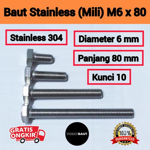 Jual Baut Mur M6 x 80 Stainless 304 Baut 10 Baut Kunci 10 M6x80 Drat ...