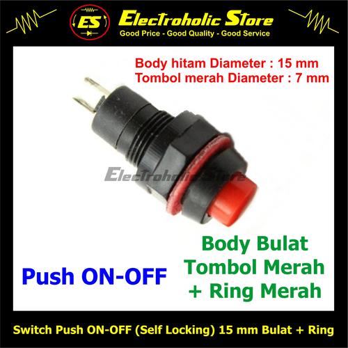 Jual Saklar Push ON-OFF Bulat Merah Self Locking 15 mm 2P Switch + Ring ...