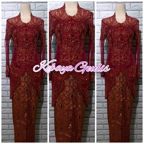 Jual set kebaya pesta kebaya maroon kebaya merak kerah sunda bisa COD ...