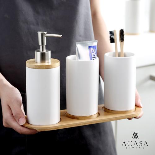 Promo KAVA - Ceramic Soap Dispenser Wood Tray Set - Botol Sabun Set ...