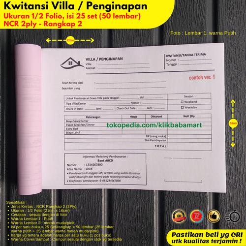 Jual KWITANSI SEWA VILLA PENGINAPAN HOTEL 1/2 FOLIO RANGKAP 2 PUTIH ...