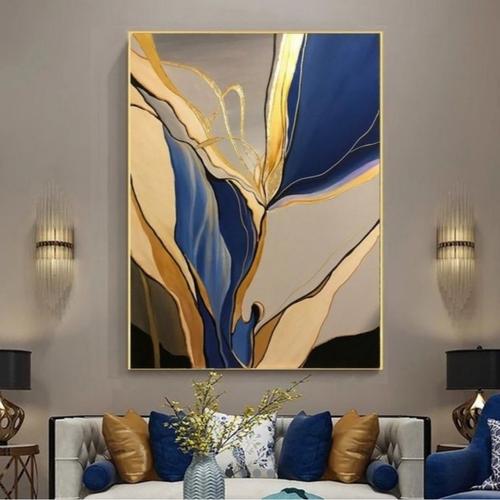 Jual lukisan abstrak modern minimalis blue & gold - 120 x 80 cm, tanpa ...