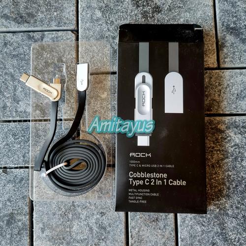 Jual rock cobblestone 2in1 micro to type c kabel data pipih fast ...