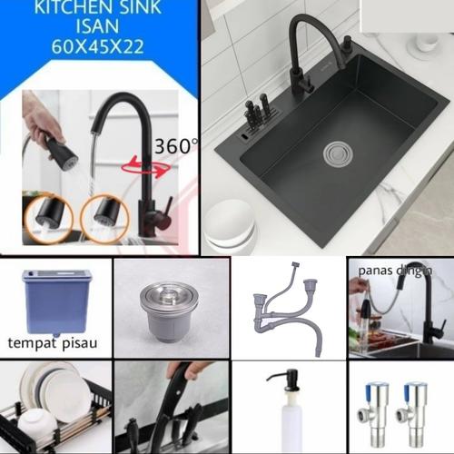 Promo Kitchen Sink ISAN 6045 Black/Hitam Original Berkualitas Paket lengkap - Kran Tarik ...