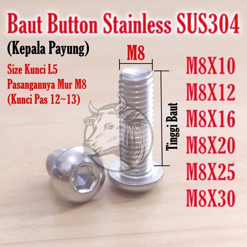 Jual Baut Button L M8 x 10 12 16 20 25 30 mm Stainless SUS304 kepala payung - Button M8x10 ...