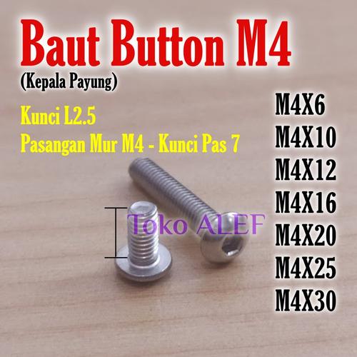 Jual Baut Button L M4 x6 10 12 16 20 25 30mm Stainless SUS304 kepala ...