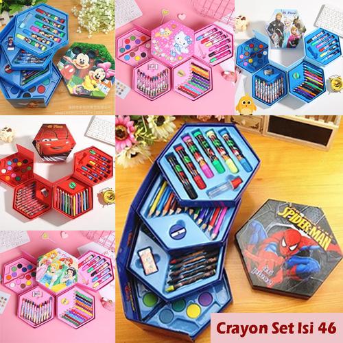 Jual Crayon Set Isi 46 Pensil Warna Spidol Cat Air Alat Lukis Mewarnai ...