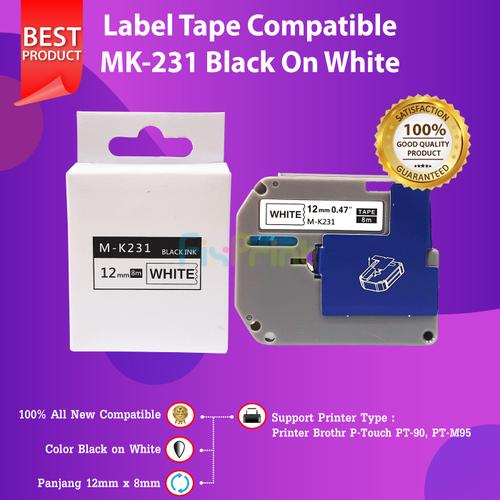 Jual Label Tape Compatible 12mm MK-231 M-K231 Black on White PT-90 PT ...