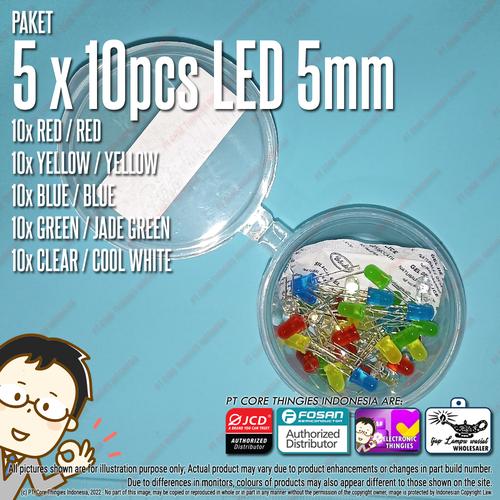 Jual PAKET 50PCS LED 5MM 5 WARNA MERAH HIJAU KUNING BIRU PUTIH @10PCS ...