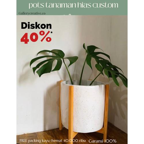 Jual pot 30cm terrazo gold include standing / pot besar /pot putih ...