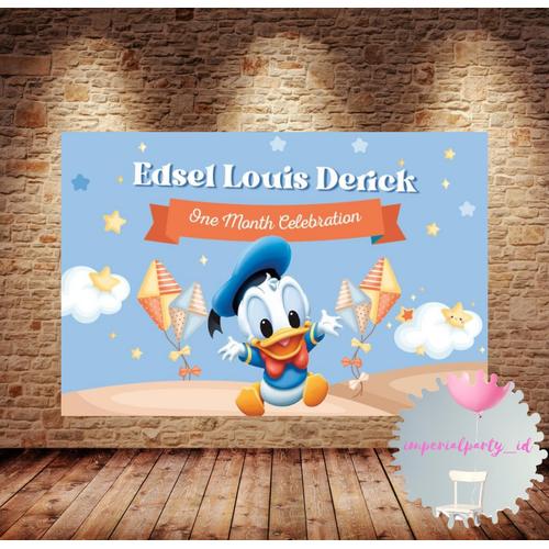 Jual Custom Backdrop Banner One Month Happy Birthday Donald Duck Baby ...