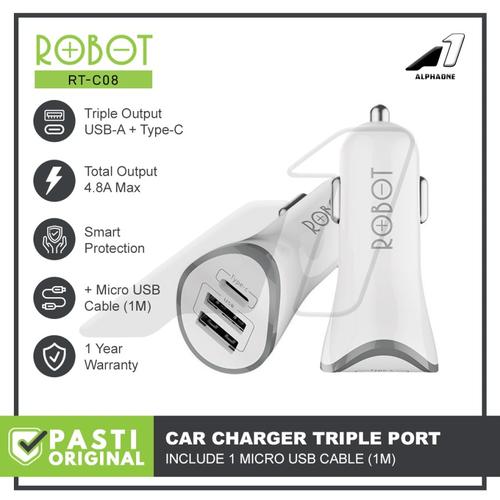 Promo ROBOT Car Charger Type C USB Triple Port RT-C08 Cas Mobil Quick ...