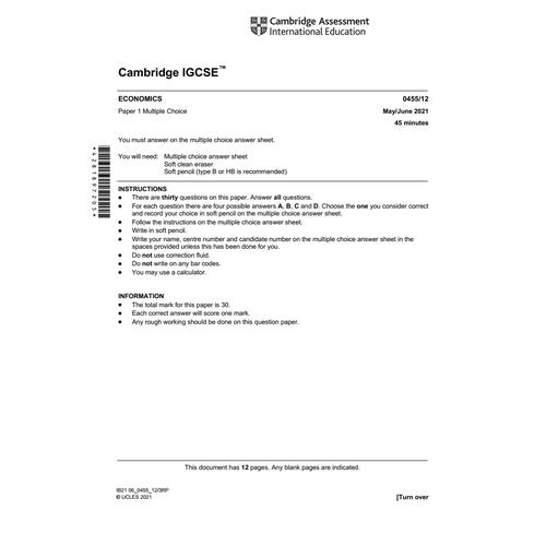 Jual IGCSE Economics 0455 2012- 2021 May/June past papers and mark ...