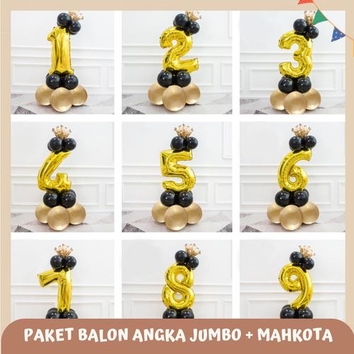 Jual Paket Balon Angka Jumbo Crown Mini/ Balon angka 100 cm Gold Black ...