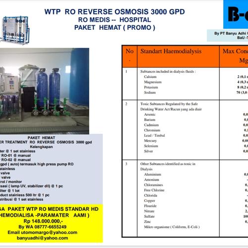 Jual WTP RO reverse osmosis 3000 gpd RO medis hd Hemodialisa hospital ...