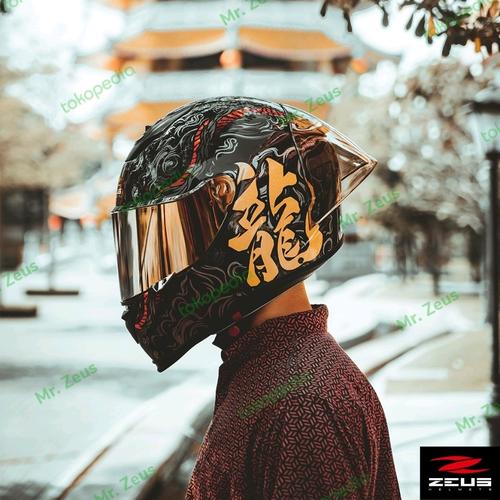 Jual ZEUS 822B BLACK AO15 GOLD DRAGON 822 flat visor bonus dark visor ...