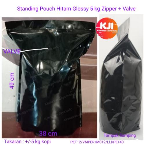 Jual Standing Pouch Hitam Glossy 5 kg Zipper + Valve.kemasan kopi 5 kg ...